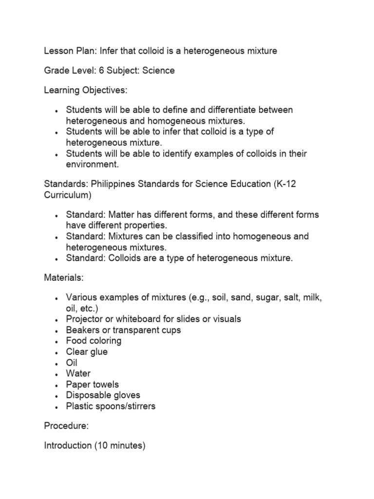 Lesson Plan in Infer that colloid is a heterogeneous mixture | PDF