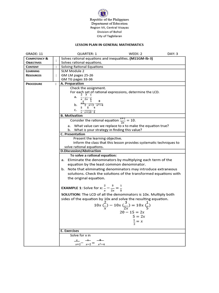 BOHOL MATHSHS GENMATH Q1 PLP2DAY3 v.01 | PDF