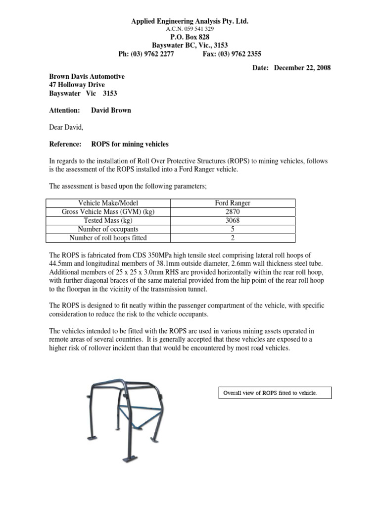 ROPS Assessment for Ford Ranger Vehicles | PDF