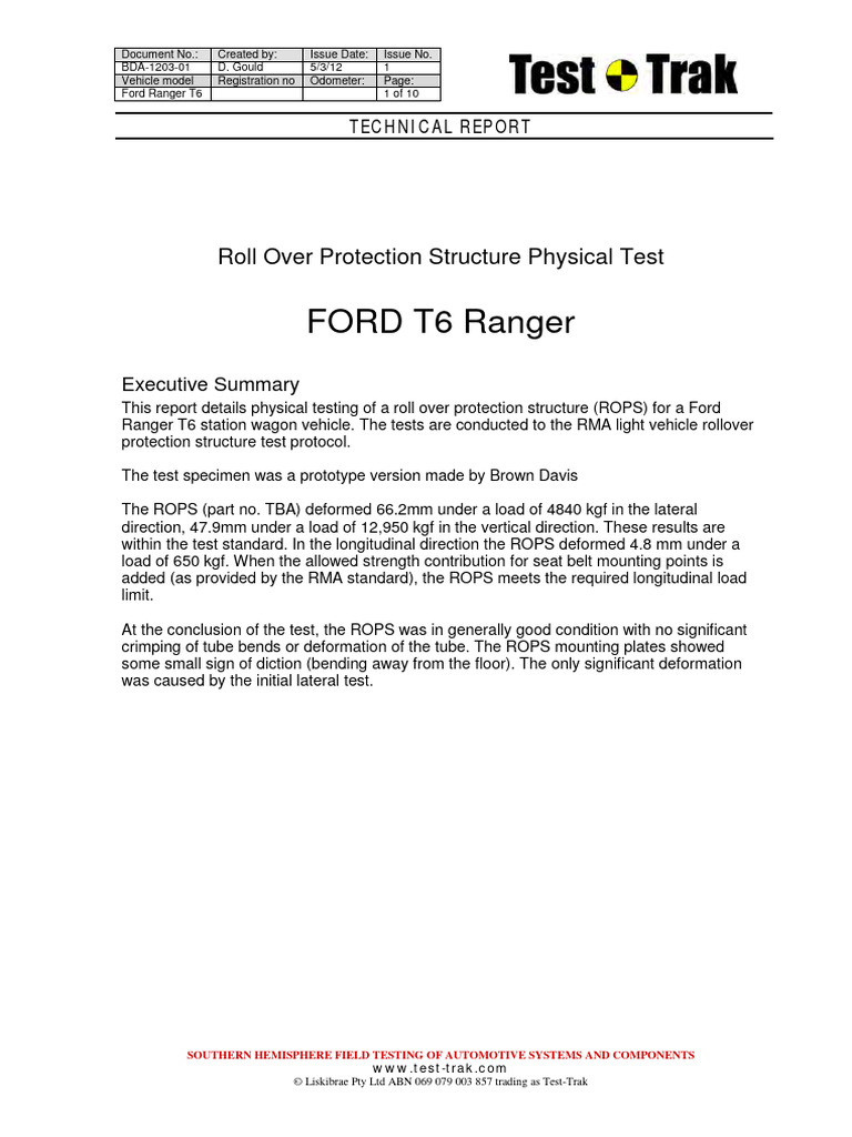 RMA T6 ROPS Physical Test binder | PDF | Seat Belt | Motor Vehicle