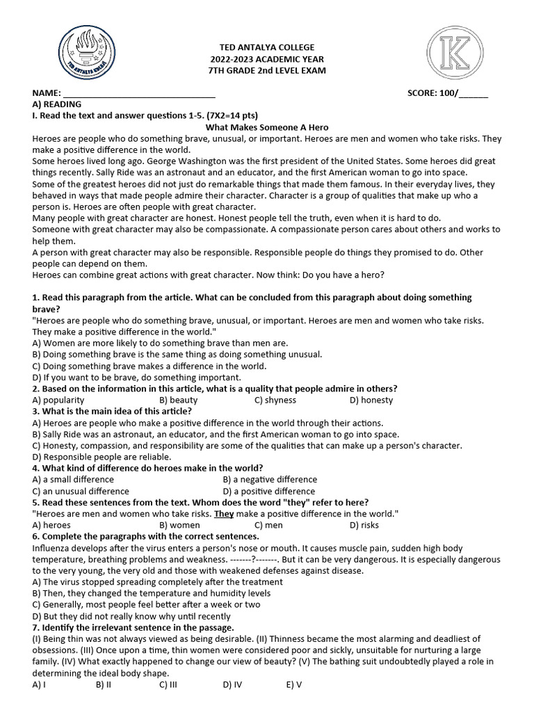 7th Grade 2nd Level Exam | PDF