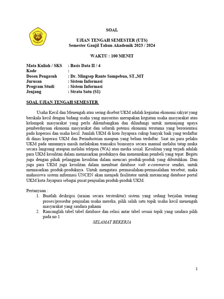 Soal Uts Basis Data Ii Pdf Career And Growth Computers