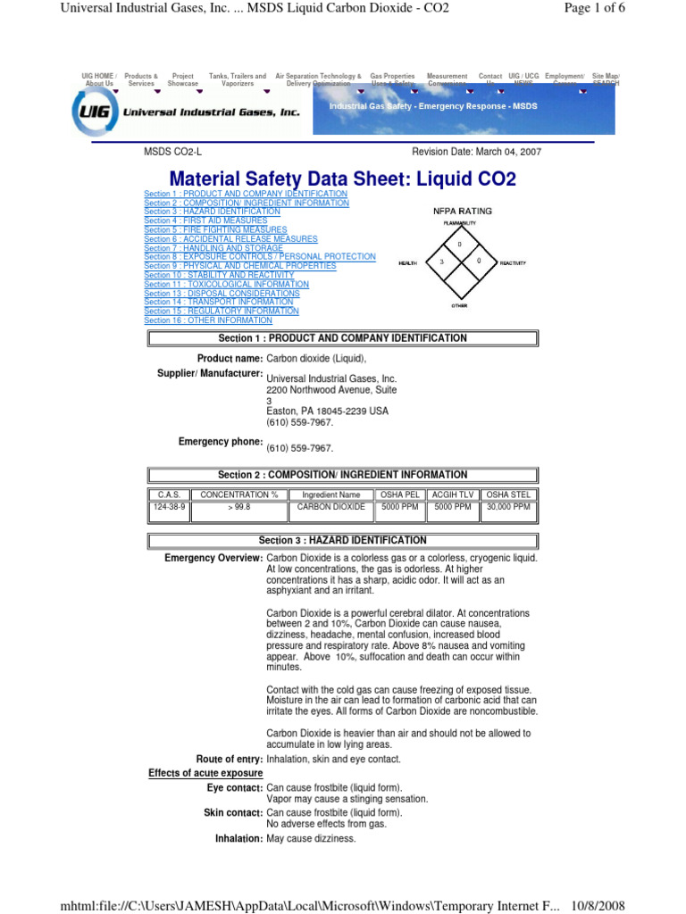 Co2 Msds | PDF | Carbon Dioxide | Dangerous Goods