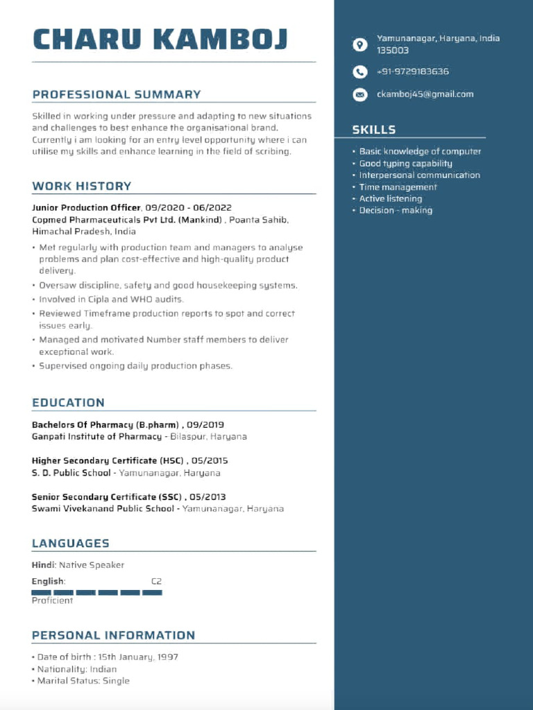 Charu Kamboj: Professionalsummary | PDF