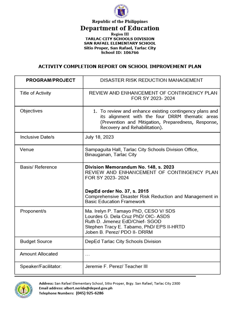 Acr DRRM Review and Enhancement of Contingency Plan For Sy 2023 - 2024 | PDF