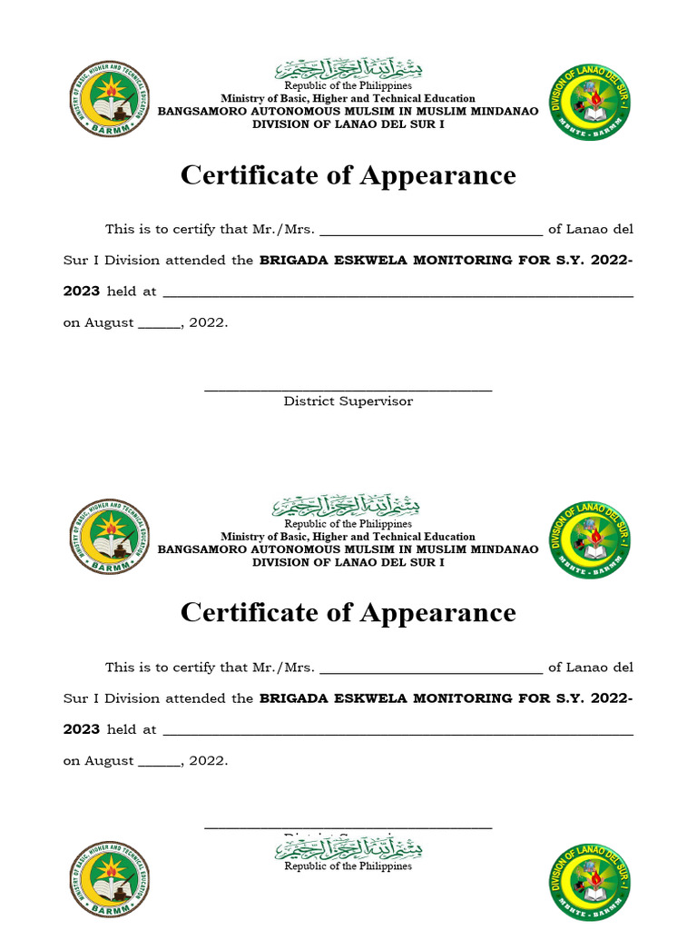 Cert of Appearance For Brigada 2022 - New Template - Customized | PDF