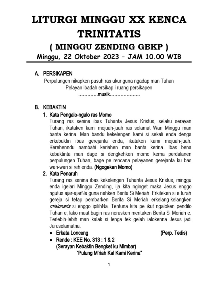 Liturgi Minggu XX Kenca Trinitatis (Zending GBKP), 22-10-2023, JAM 10 ...