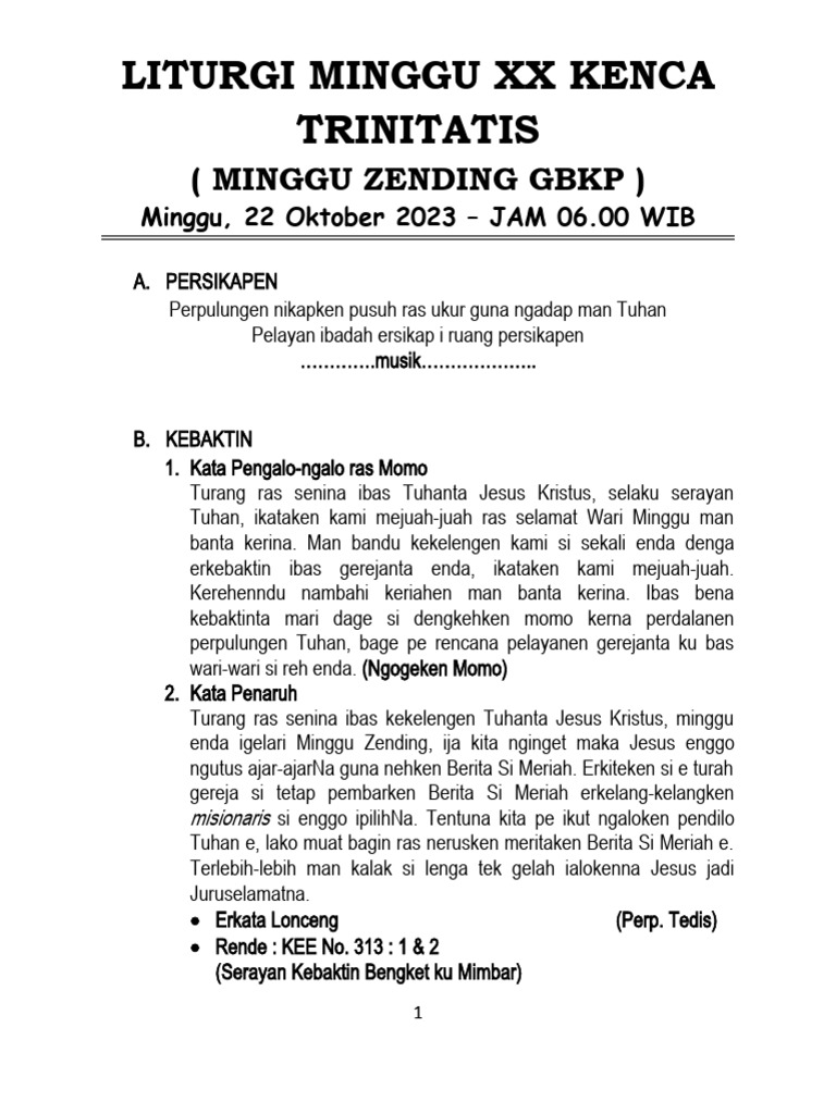 Liturgi Minggu XX Kenca Trinitatis (Zending GBKP),22-10-2023,JAM 6 ...