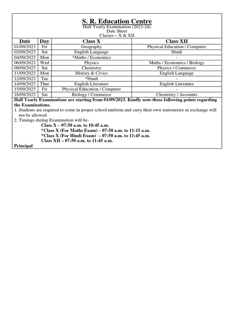 Revised Half Yearly Time Table Class X An Xii Pdf