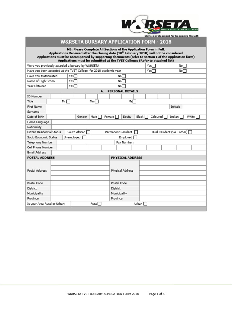 WRSETA TVET Bursary Application Form | PDF