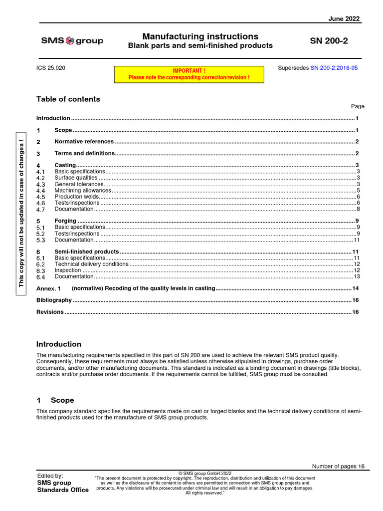 Manufacturing Instructions SN 200-2: Blank Parts and Semi-Finished ...