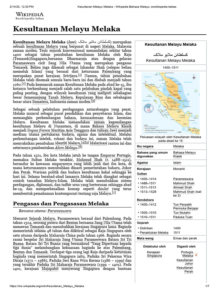 Kesultanan Melayu Melaka - Wikipedia Bahasa Melayu, Ensiklopedia Bebas | PDF