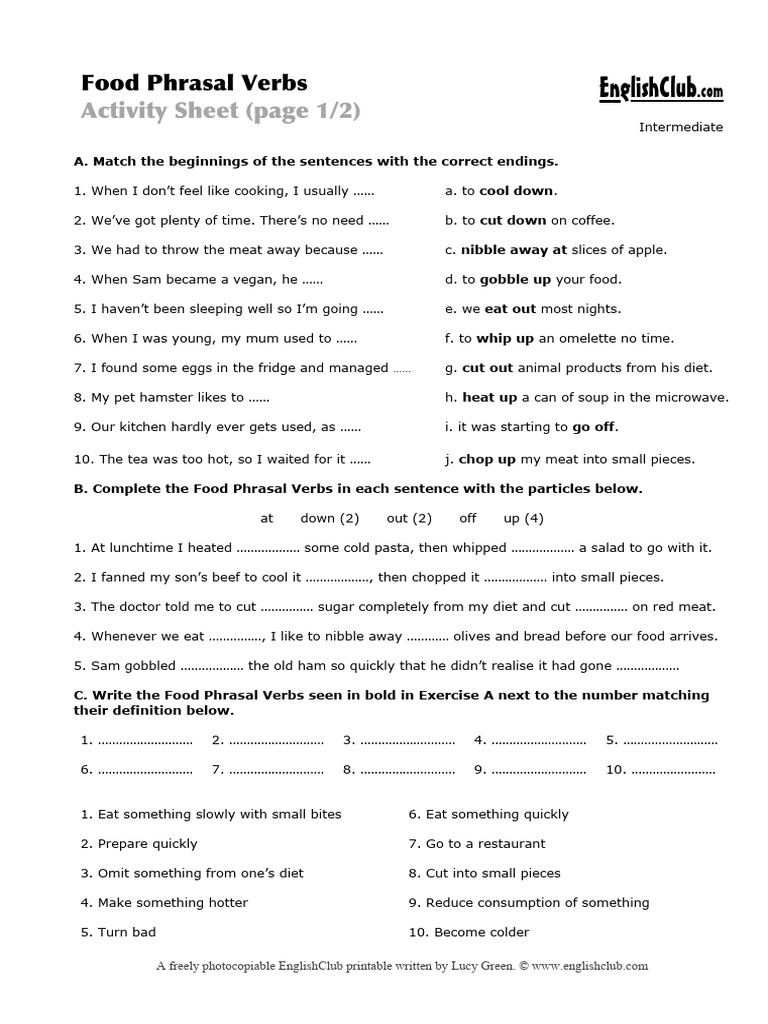 Food Phrasal Verbs Activity | PDF | Meal | Food And Drink