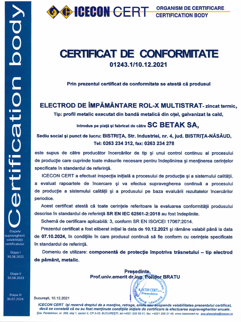 BETAK - Electrozi - Certificat de Conformitate | PDF