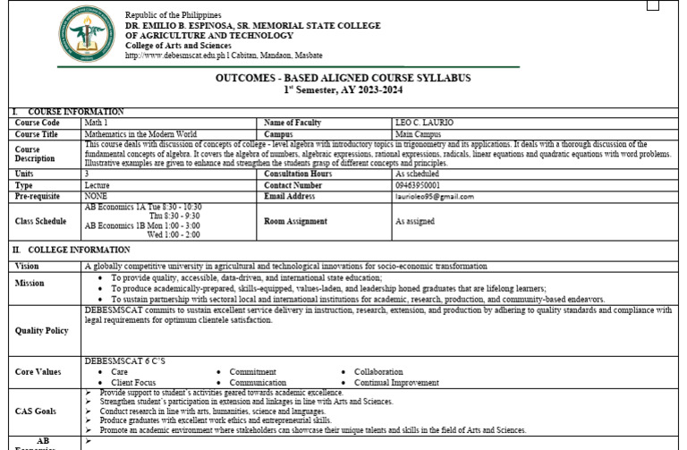 Course Syllabus - Math 1 Algebra and Trigonometry | PDF | Algebra ... Course Syllabus - Math 1 Algebra and Trigonometry | PDF | Algebra ...