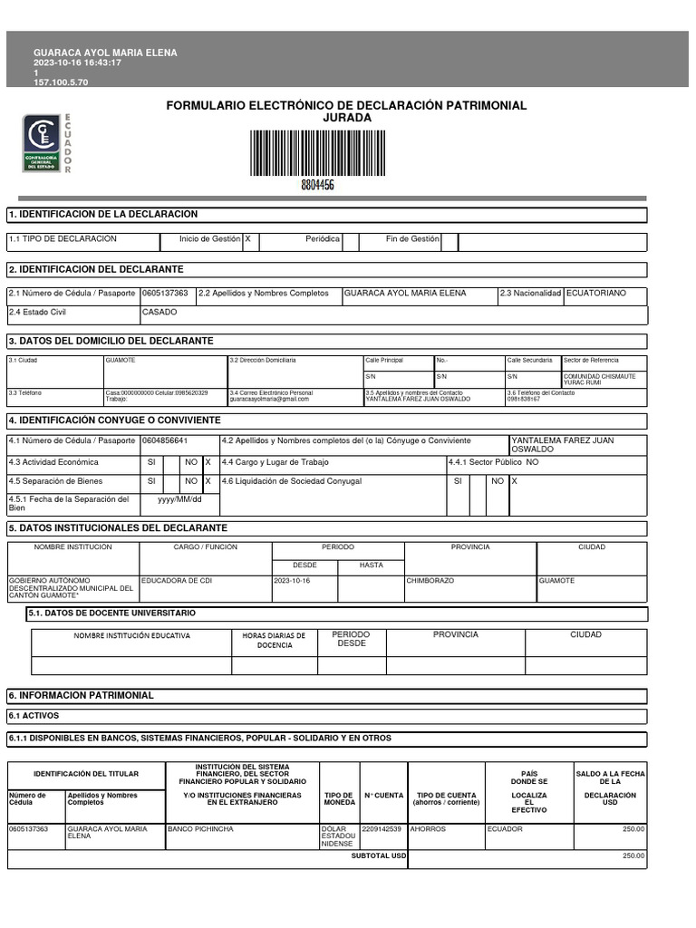 Formulario Electrónico de Declaración Patrimonial Jurada: Guaraca Ayol ...
