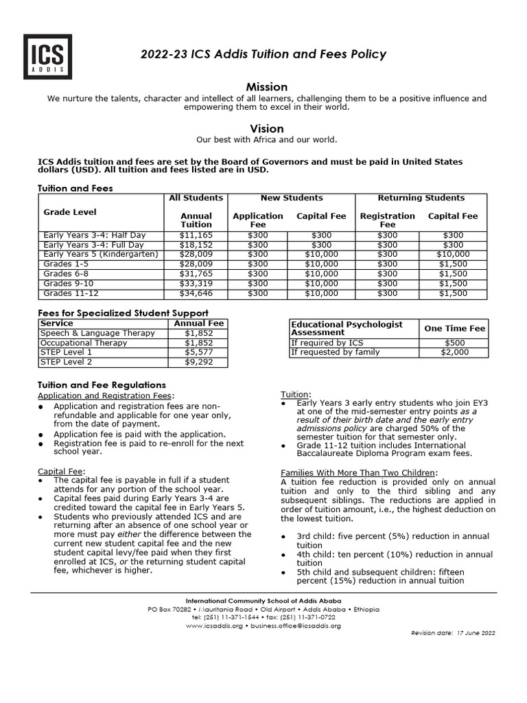 ICS Addis Tuition and Fees 2022-23 | PDF | Tuition Payments | Wire Transfer
