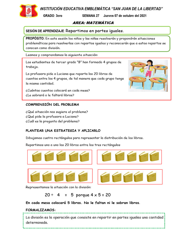 Sesion Matemática Semana 27 Repartimos en Partes Iguales | PDF