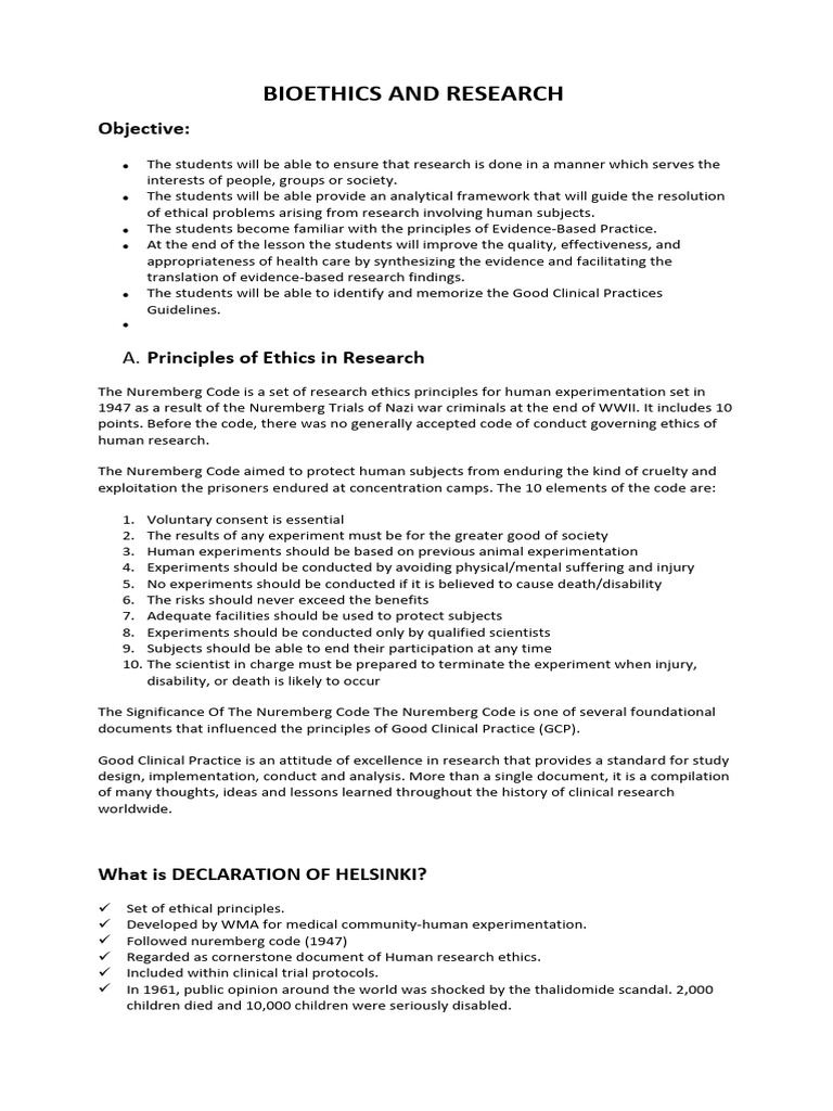 Bioethics and Research: Objective | PDF
