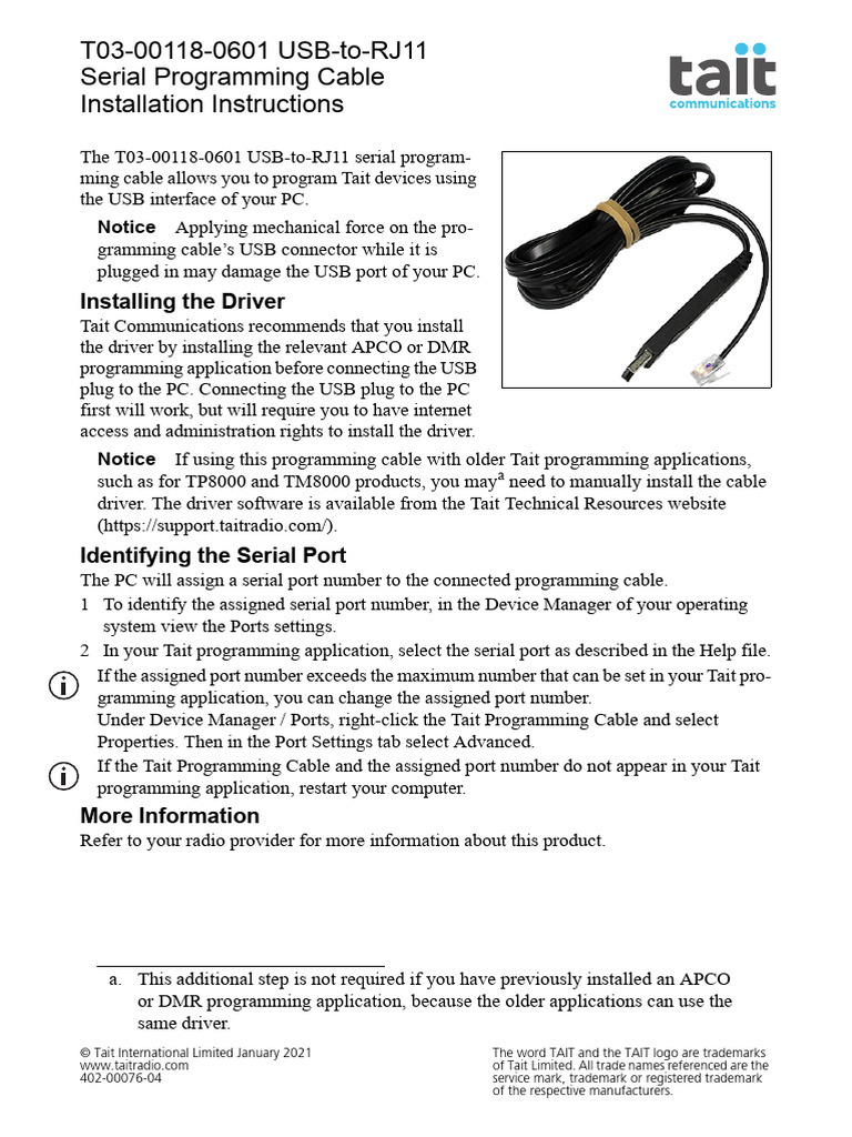 T03-00118-0601 USB-to-RJ11 Serial Programming Cable Installation Instructions | PDF