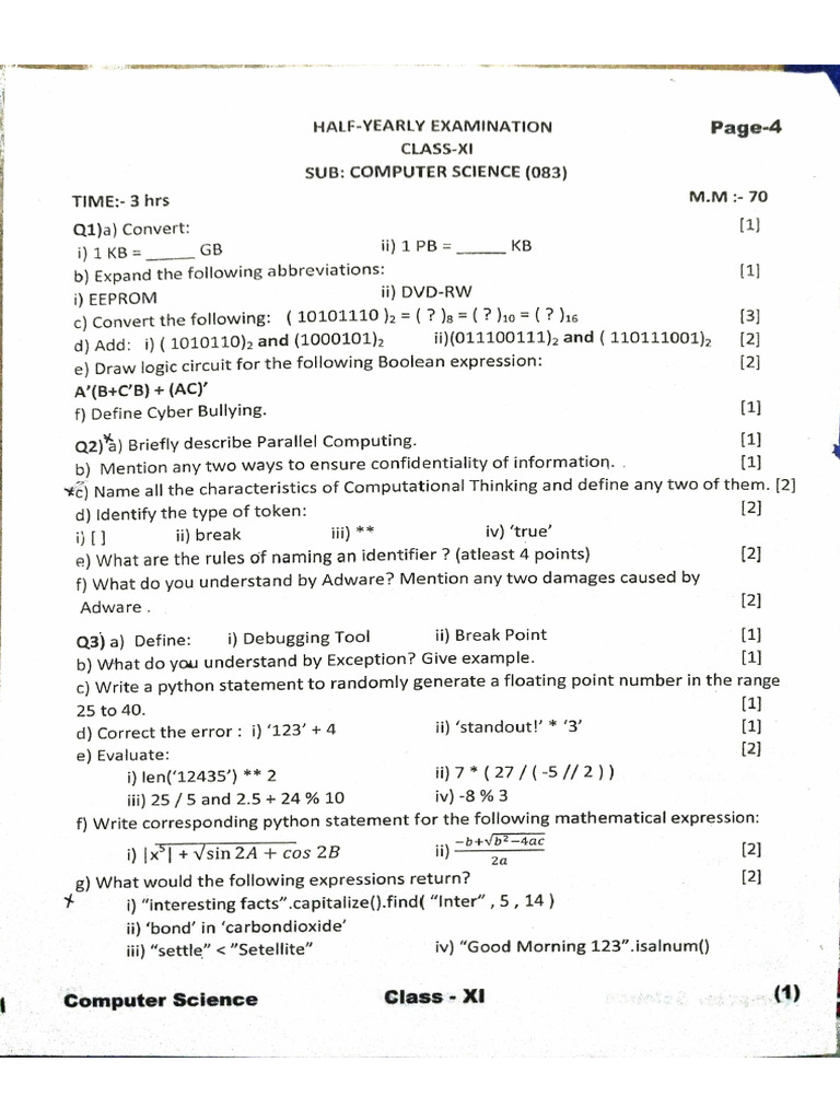 Computer Half Yearly Exam Paper | PDF