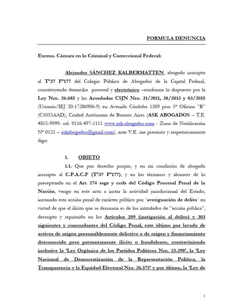 Formula Denuncia para Sorteo de Juzgado - Averiguacion de Delito - (Fernando Cerimedo y Otros ...