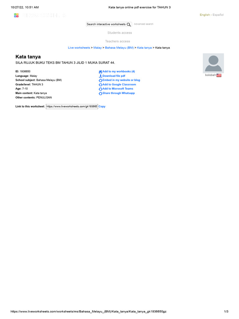 Kata Tanya Online PDF Exercise For TAHUN 3 | PDF