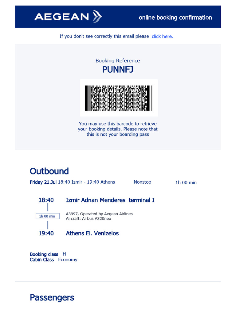 AEGEAN AIRLINES SA Booking Confirmation | PDF | Airlines | Aviation