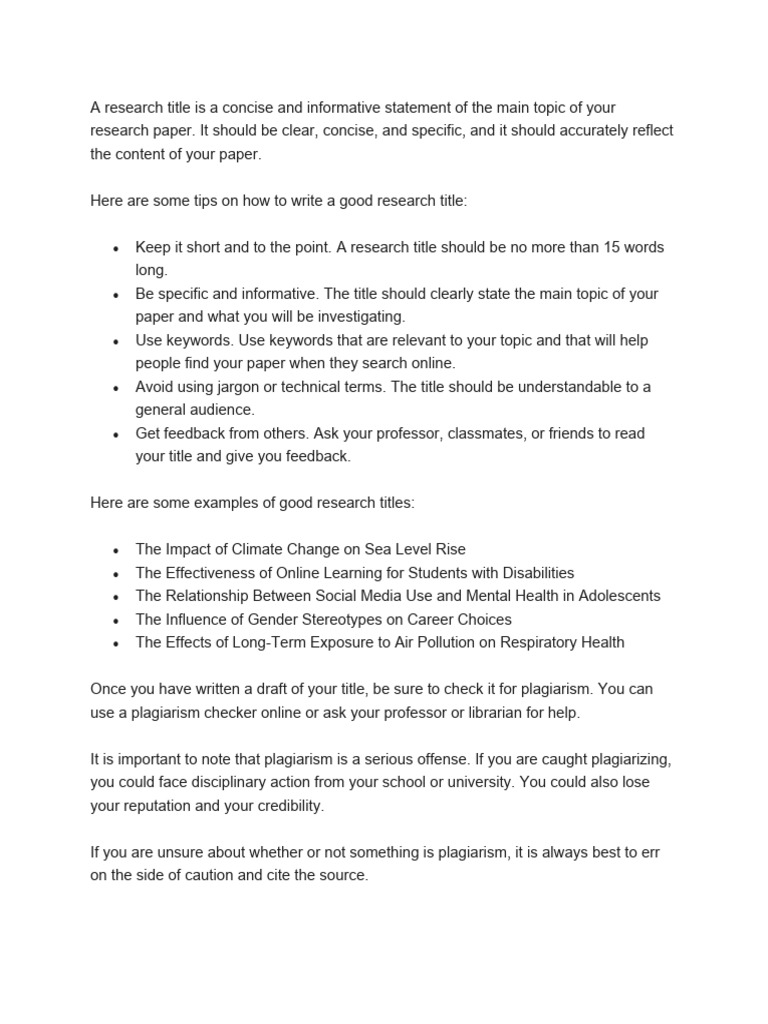 A Research Title Is A Concise and Informative Statement of The Main ...