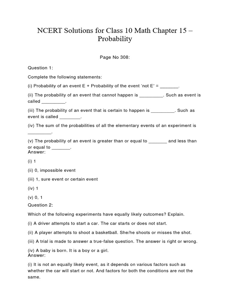 NCERT Solutions For Class 10 Math Chapter 15 | PDF | Probability ...