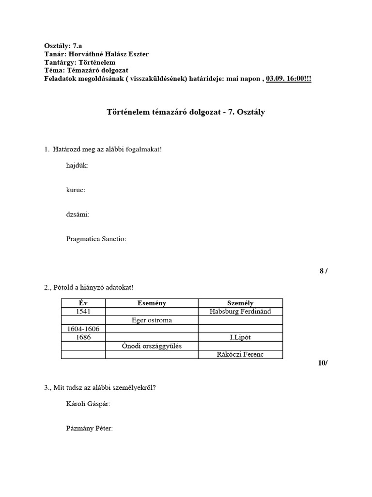 Történelem Témazáró Dolgozat - 7. Osztály | PDF