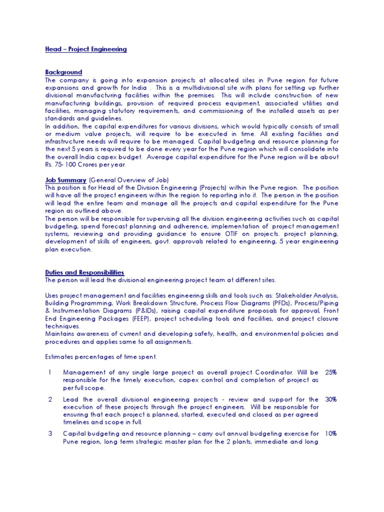 Head - Project Engineering | PDF | Project Management | Engineering