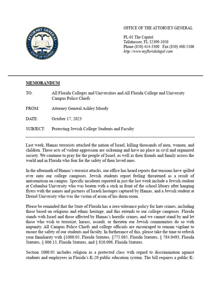 AG Moody memo on violence against Jewish students and faculty | PDF