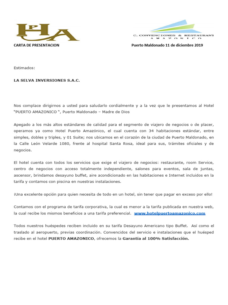 carta de presentacion 2019 | PDF | Hotel | Industrias de servicio