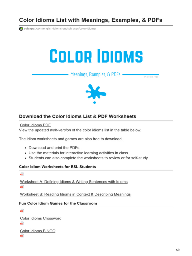 Color Idioms List With Meanings Examples PDFs | PDF | Idiom