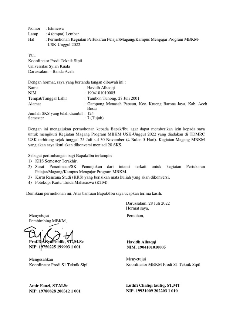 Permohonan MHS Untuk Kegiatan MBKM Usk Unggul 2022 | PDF Permohonan MHS Untuk Kegiatan MBKM Usk Unggul 2022 | PDF