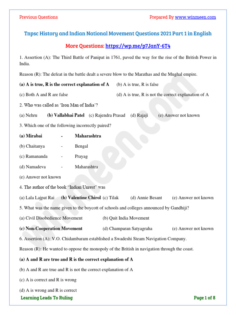 TNPSC History and Indian National Movement Questions 2021 Part 1 in English | PDF | Indian ...