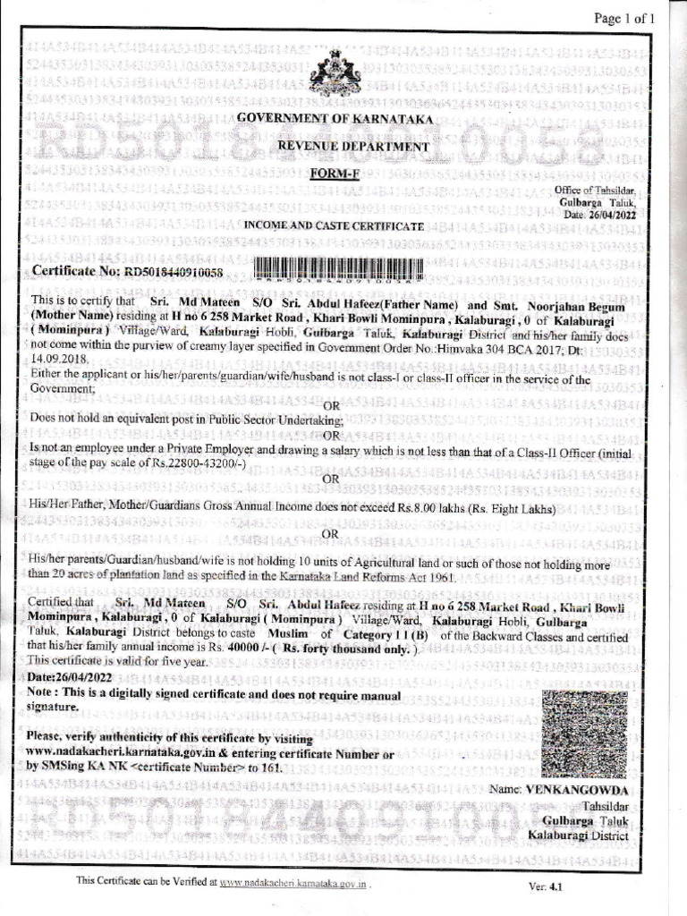 Karnataka Income and Caste Certificate | PDF