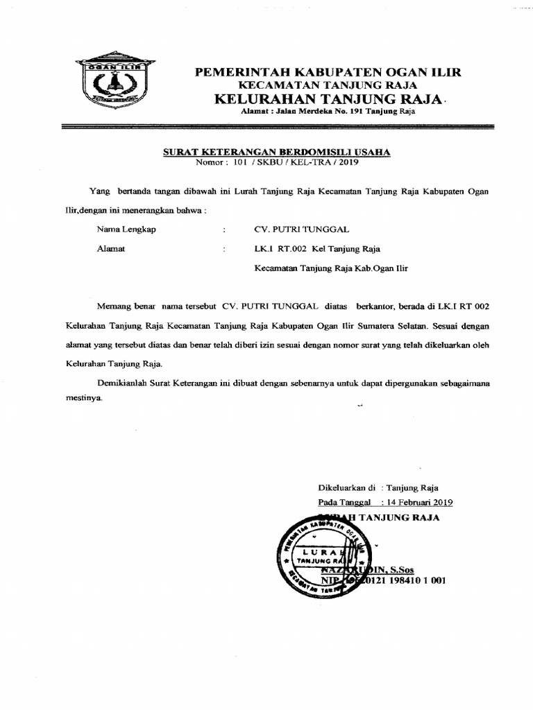 Surat Keterangan Domisili CV - Putri Tunggal | PDF