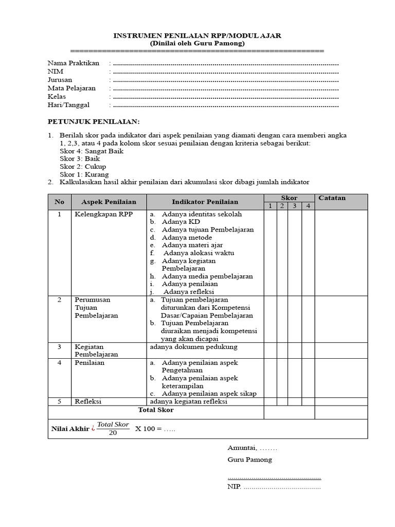 Format Penilaian Guru Pamong Untuk PPL | PDF