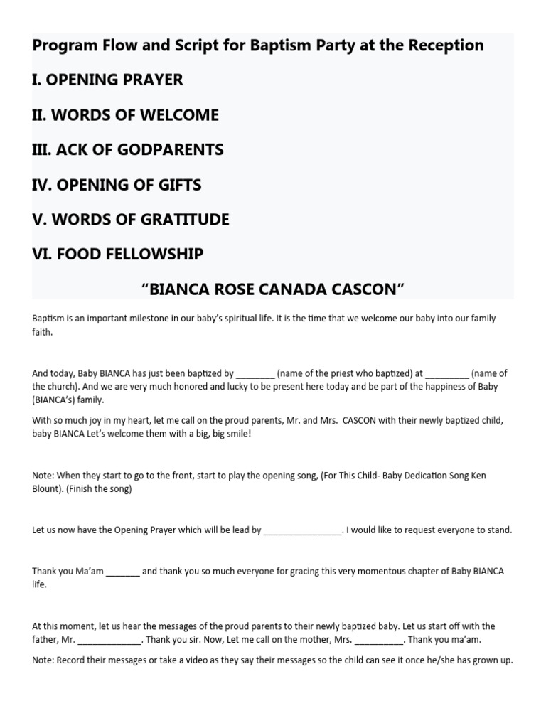 Program Flow and Script For Baptism Party at The Reception | PDF