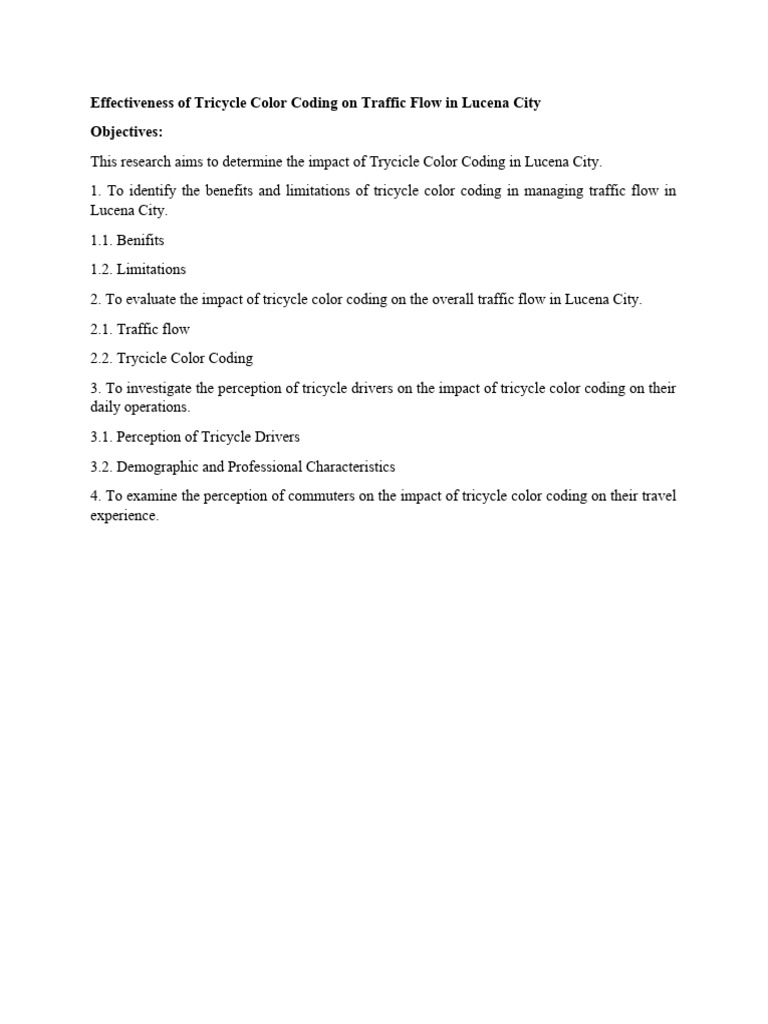 Effectiveness of Tricycle Color Coding On Traffic Flow in Lucena City ...