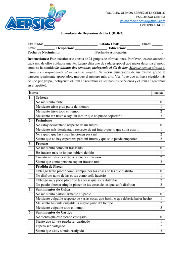 Inventario de Depresión de Beck (BDI-2) | PDF