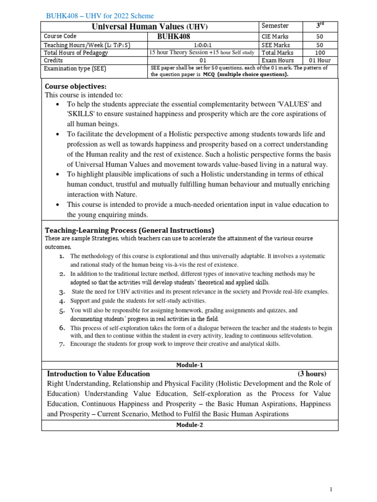 Universal Human Values: (UHV) BUHK408 | PDF | Multiple Choice ...