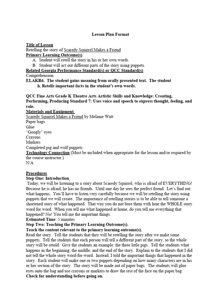 RetellingLessonPlanGrade1UsingScaredySquirrelMakesaFriend 1 | PDF | Cognition | Learning