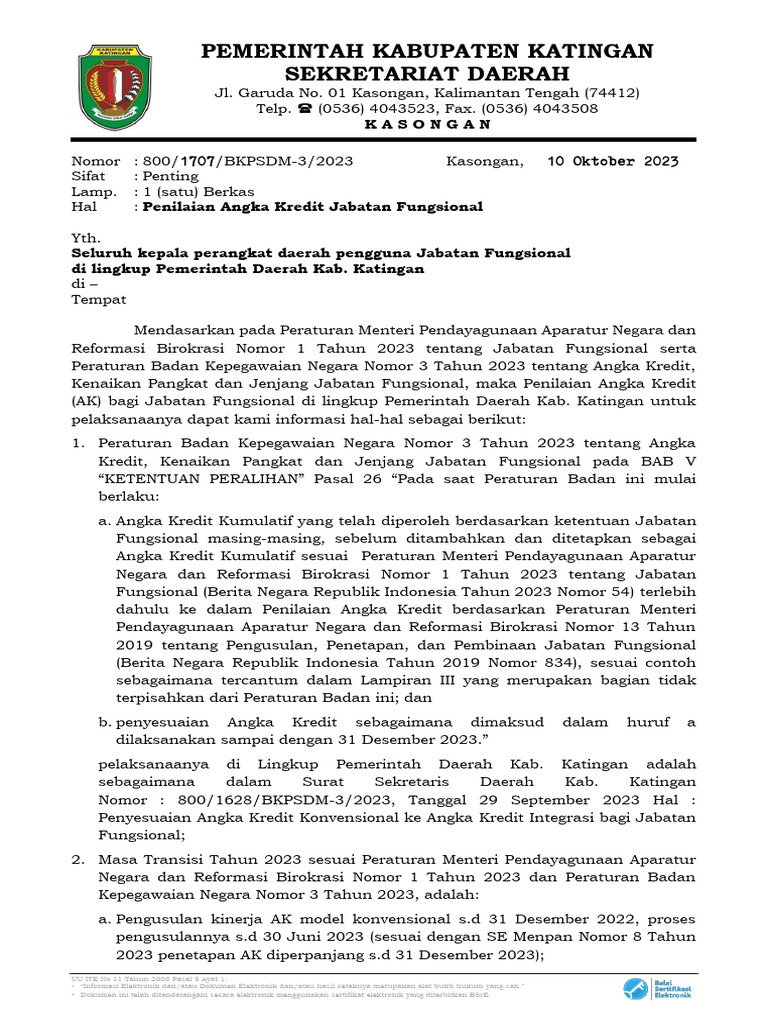 SURAT SEKDA KE SELURUH PERANGKAT DAERAH-TERKAIT PENILAIAN ANGKA KREDIT TAHUN 2023 DAN SETERUSNYA ...