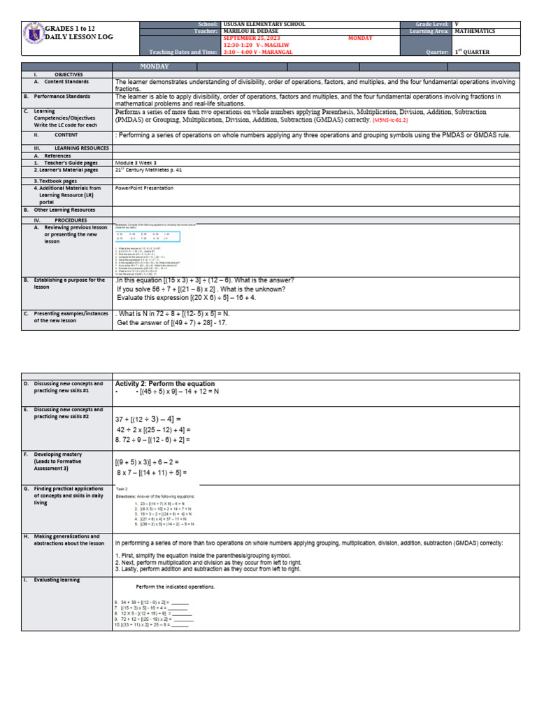 DLL in Math V Q1 Week 4 | PDF | Learning | Teachers