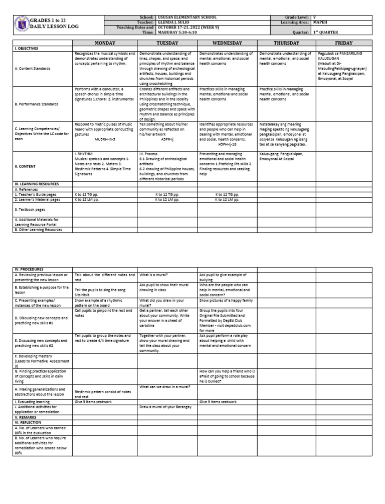 Grade 5 DLL Mapeh 5 q1 Week 9 | PDF | Learning | Cognition