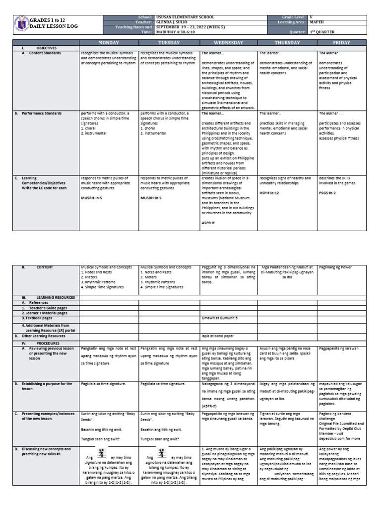 DLL - Mapeh 5 - Q1 - W5 | PDF | Learning | Cognitive Science