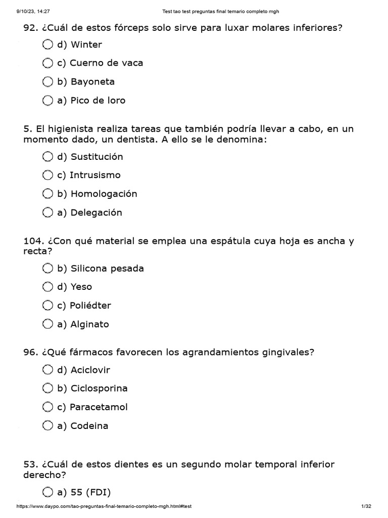 Test Tao Test Preguntas Final Temario Completo MGH | PDF | Odontología ...